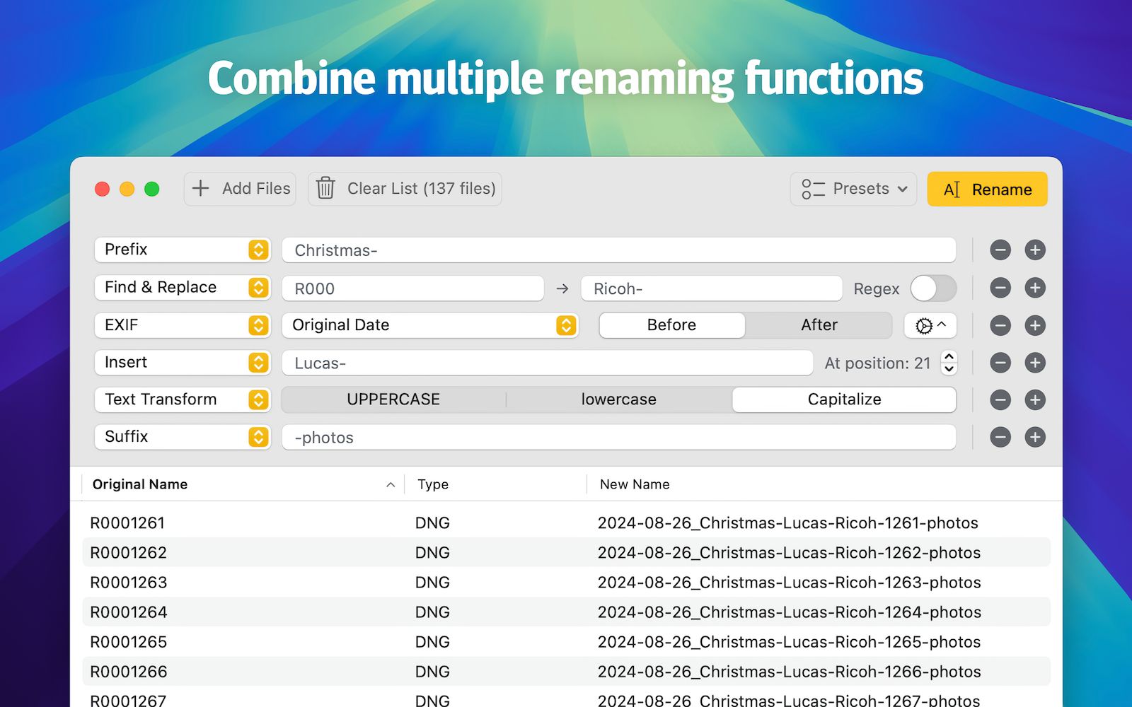 Name Changer: Batch rename your files. Add a prefix, a suffix, replace some characters ...