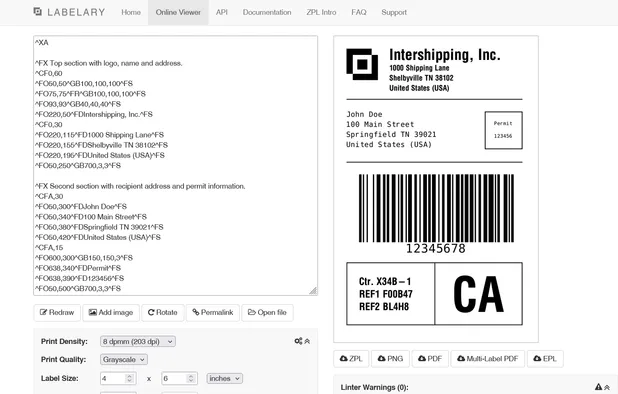 Labelary: Website featuring a ZPL code editor, ZPL documentation, and a ...