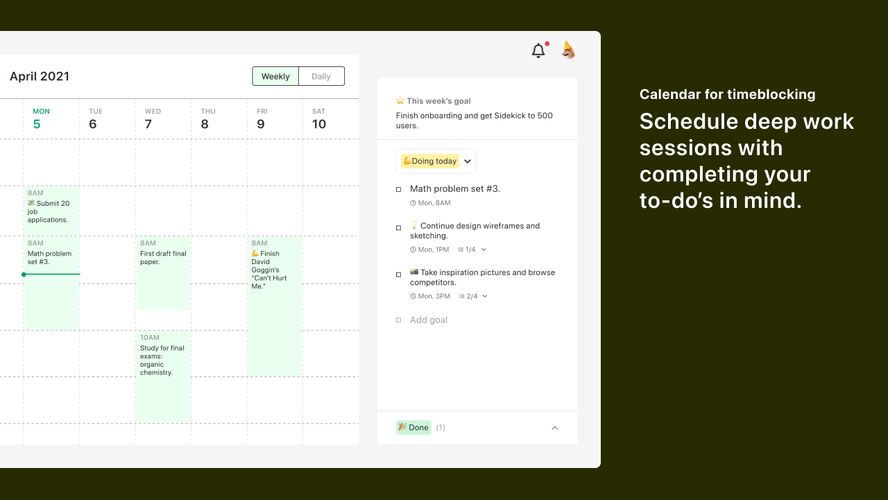 Sidekick: Productivity tool to help you set goals, schedule deep work ...