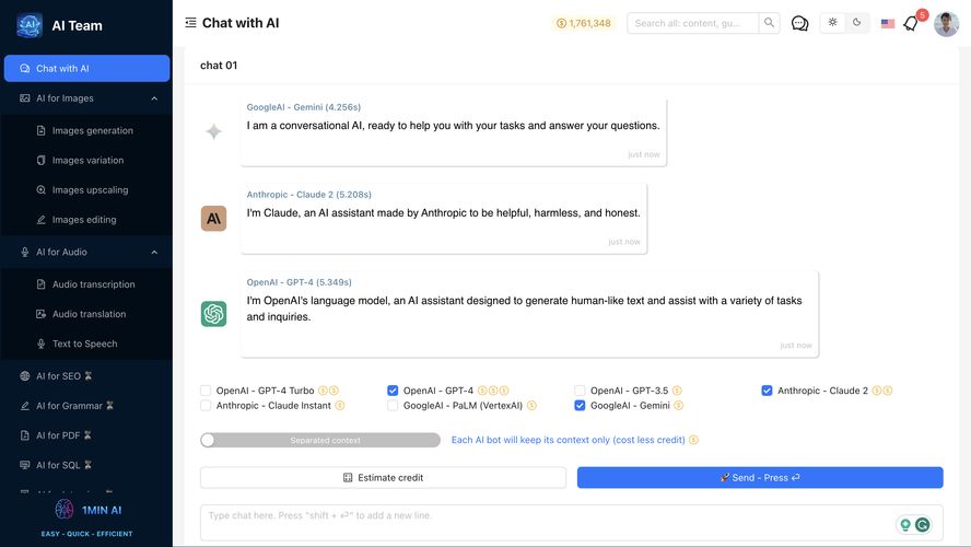 1min.AI: All-in-one AI app that provides many AI features powered by various AI models ...