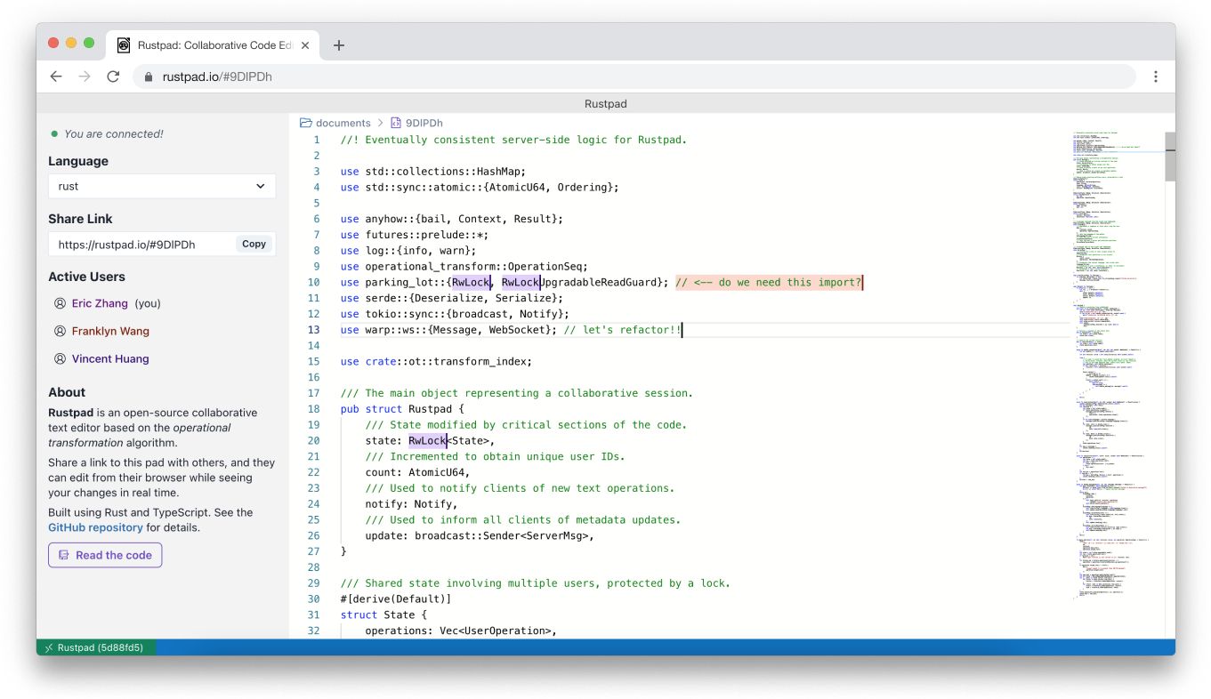 Rustpad: Open-source collaborative text editor based on the operational transformation ...