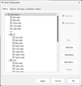 Sizer: Helps resize windows to a preset size and/or location ...