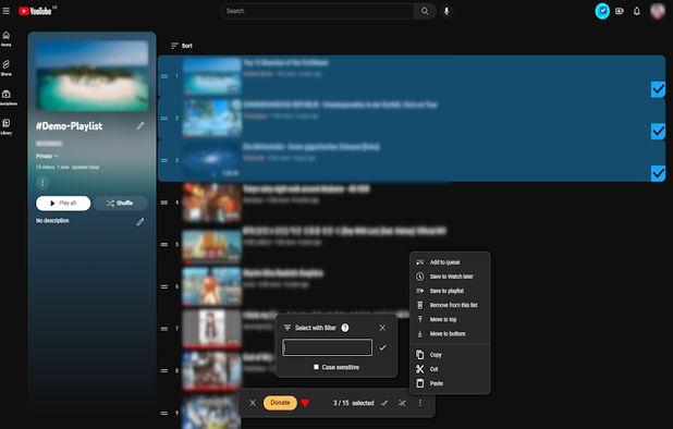 Multi-Select For YouTube: Easily sort & modify your YouTube playlists. Bulk editing is supported ...