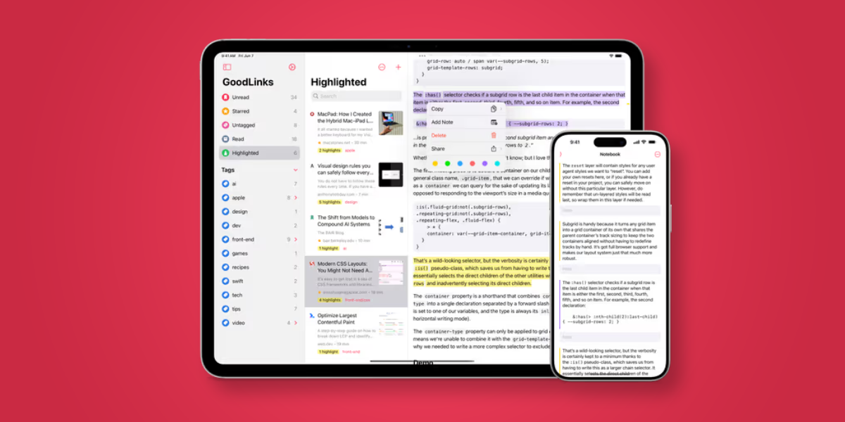 GoodLinks 2.0 released with new highlighting features for this read-it-later application ...