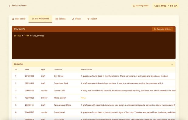 SQL Noir: Learn SQL by solving crimes — a gamified web app that combines logic puzzles ...