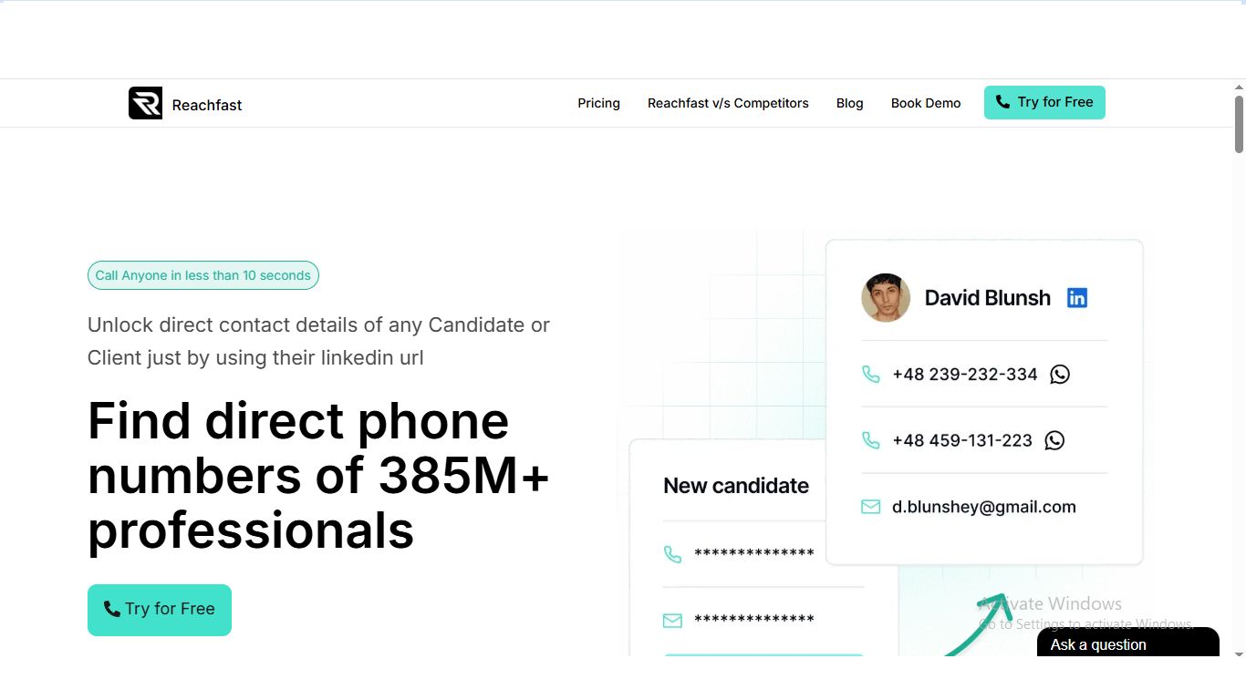 Reachfast.ai: Ai-powered contact lookup tool to find direct phone numbers and emails of 385M ...