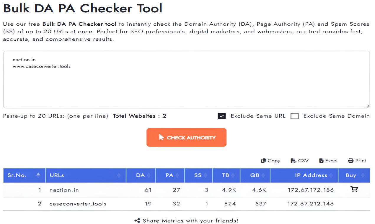 Bulk DA PA Checker Tool: Analyze Domain & Page Authority for up to 20 ...