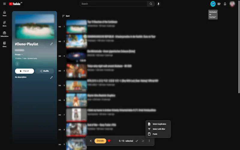 Multi-Select For YouTube: Easily sort & modify your YouTube playlists. Bulk editing is supported ...