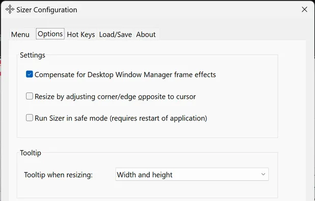 Sizer: Helps resize windows to a preset size and/or location ...