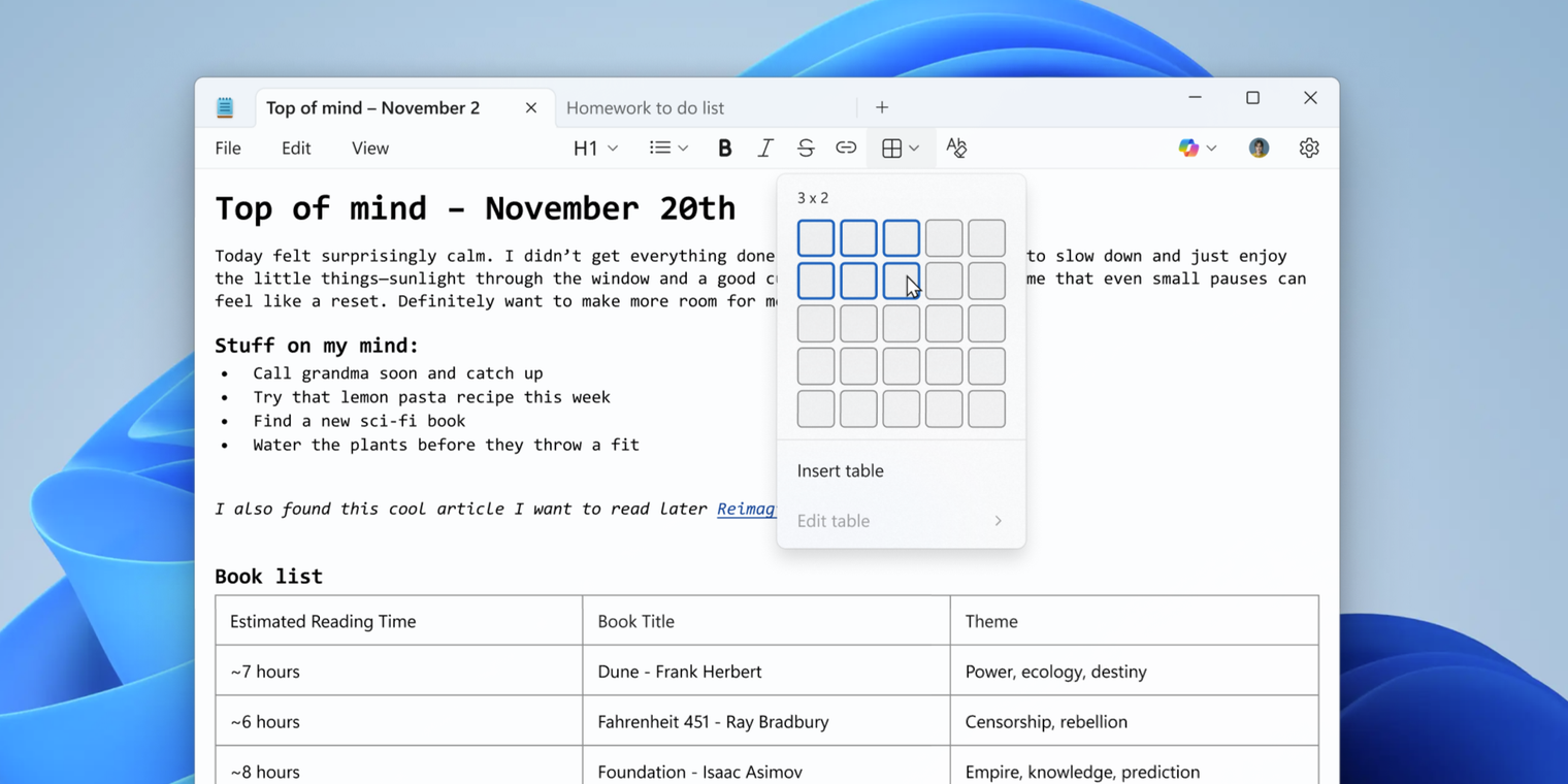Microsoft recently updated Notepad with table support and more ...