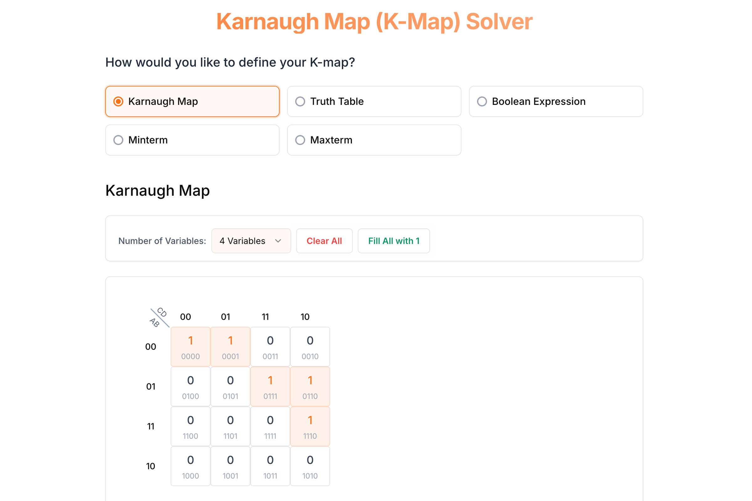Karnaugh Map Solver: : Simplify Boolean expressions from Truth Tables ... Karnaugh Map Solver: : Simplify Boolean expressions from Truth Tables ...