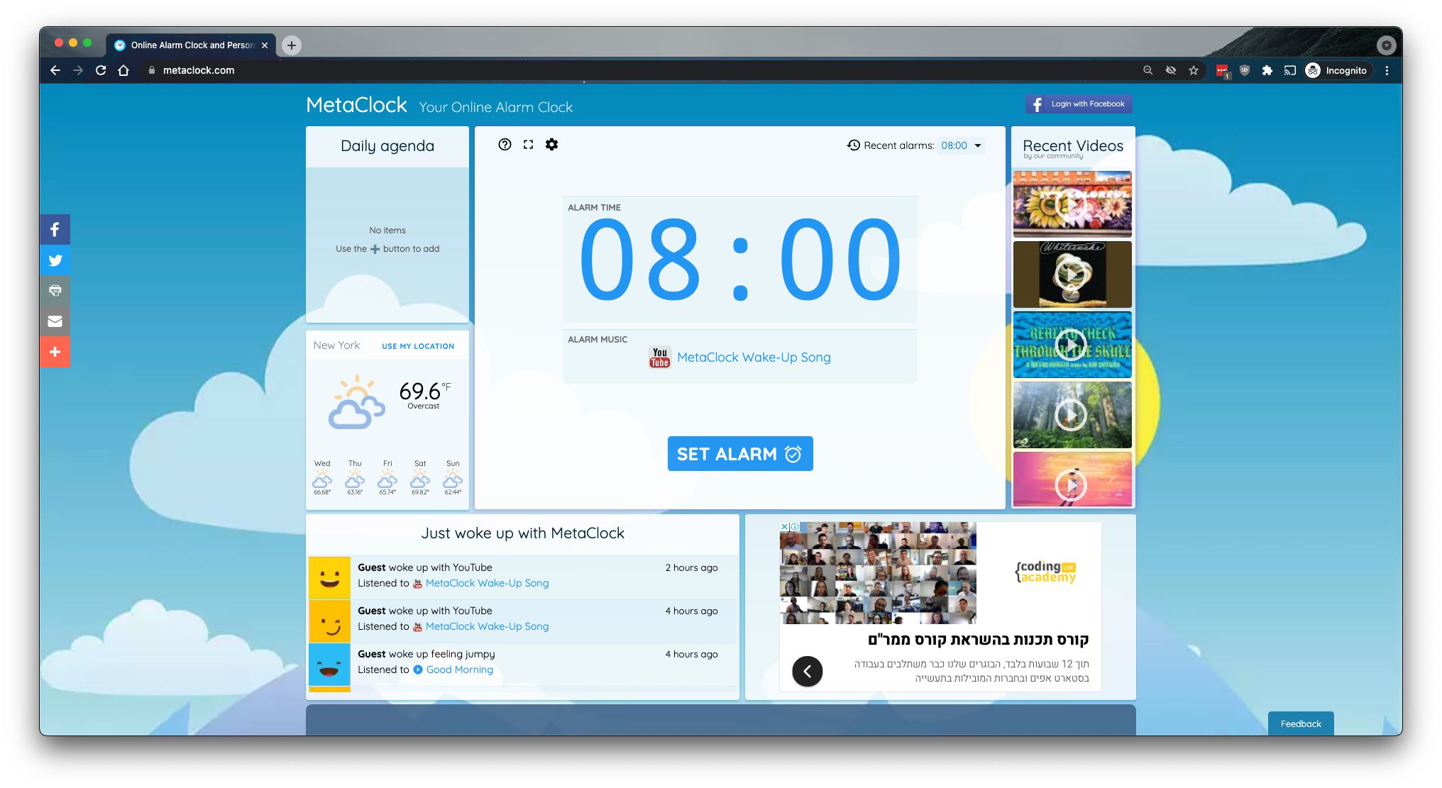 MetaClock.com: MetaClock is an Online Alarm Clock that can play YouTube videos and uploaded ...