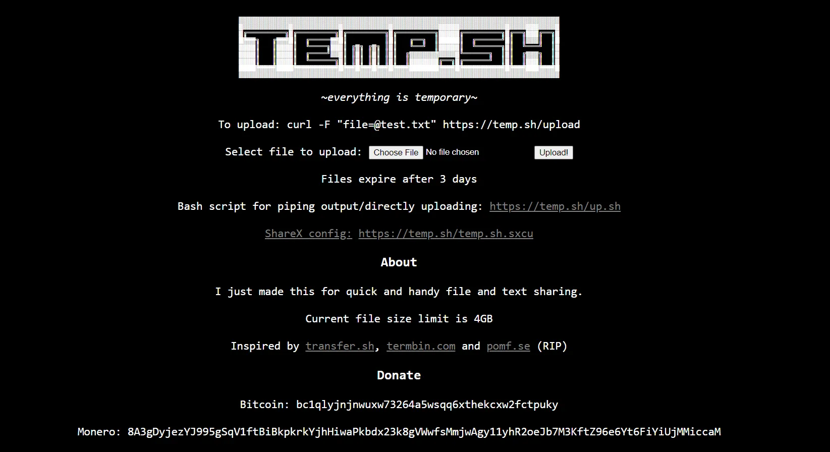 Temp.sh: Temporary File Upload. 3 days. 2GB Size Limit. CLI and ShareX ...